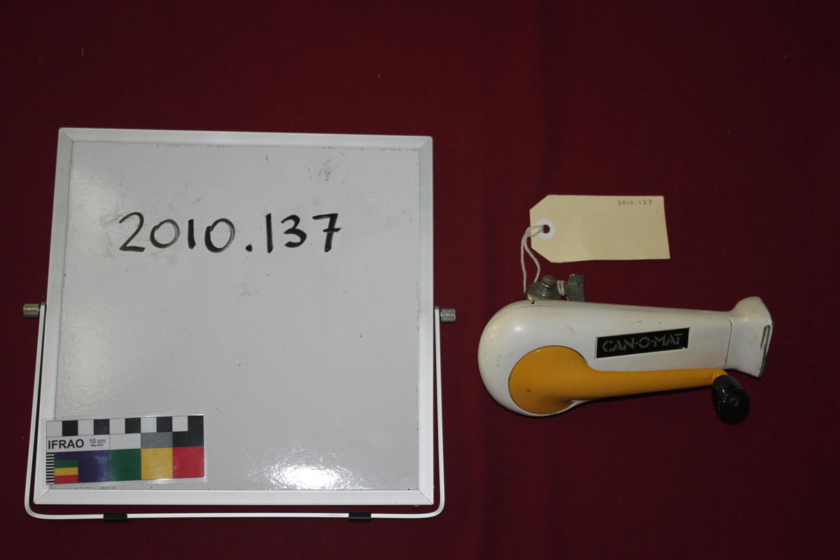 Can opener, wall mounted, white & yellow painted, die cast metal alloy ...