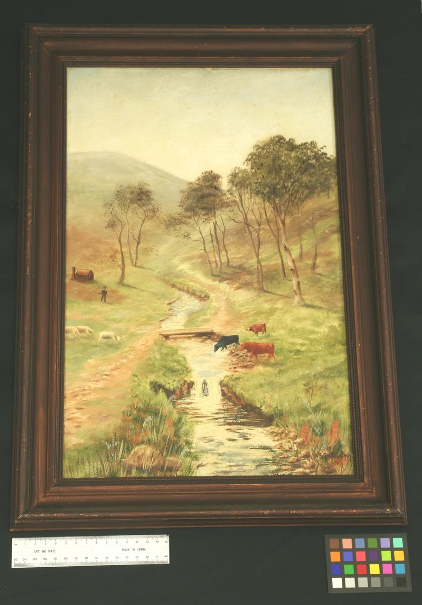 Painting, oil(?) On board, untitled, rural scene of creek with cows and ...